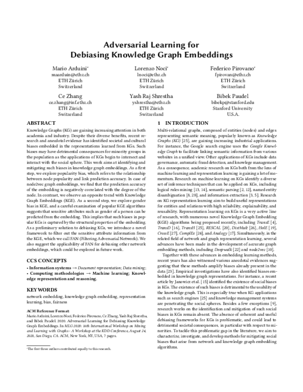 (PDF) Adversarial Learning for Debiasing Knowledge Graph Embeddings