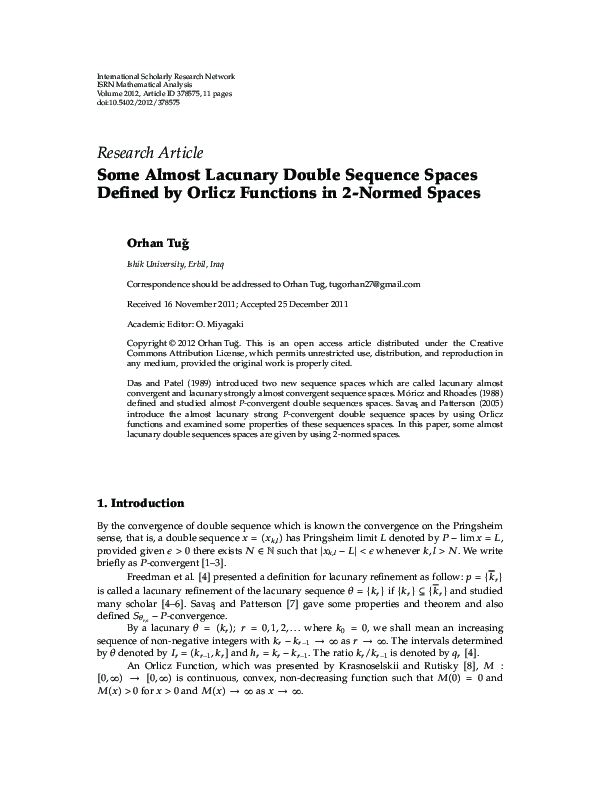 (PDF) Some Almost Lacunary Double Sequence Spaces Defined by Orlicz Functions in 2-Normed Spaces
