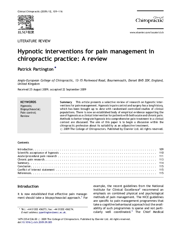 (PDF) Hypnotic interventions for pain management in chiropractic ...