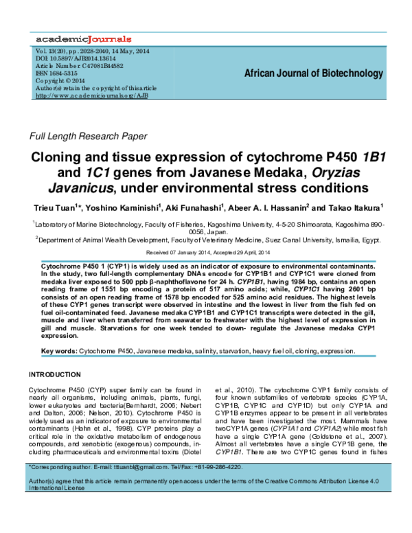 (PDF) African Journal of Biotechnology Cloning and tissue expression of cytochrome P450 1B1 and ...