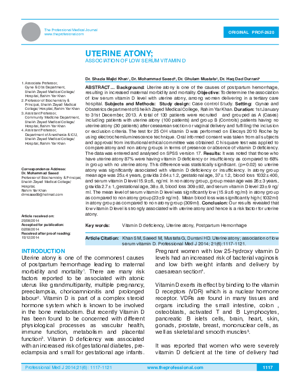 (PDF) UTERINE ATONY; ASSOCIATION OF LOW SERUM VITAMIN D