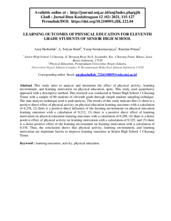 (PDF) Learning Outcomes of Physical Education for Eleventh Grade ...