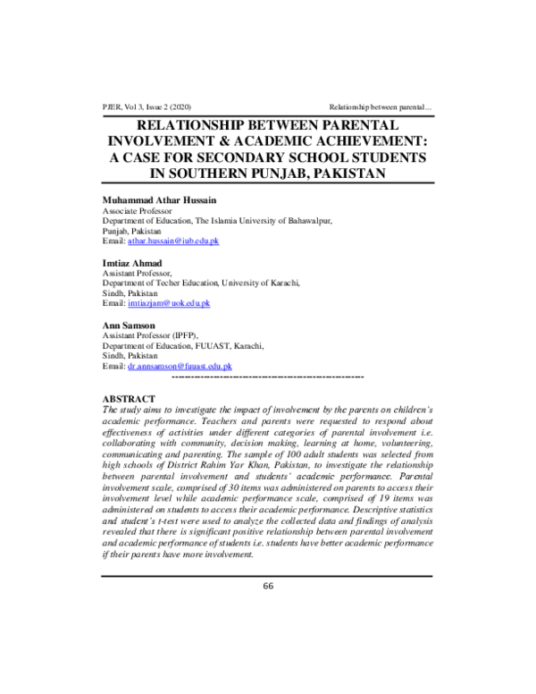 (PDF) Relationship Between Parental Involvement & Academic Achievement: A Case for Secondary ...