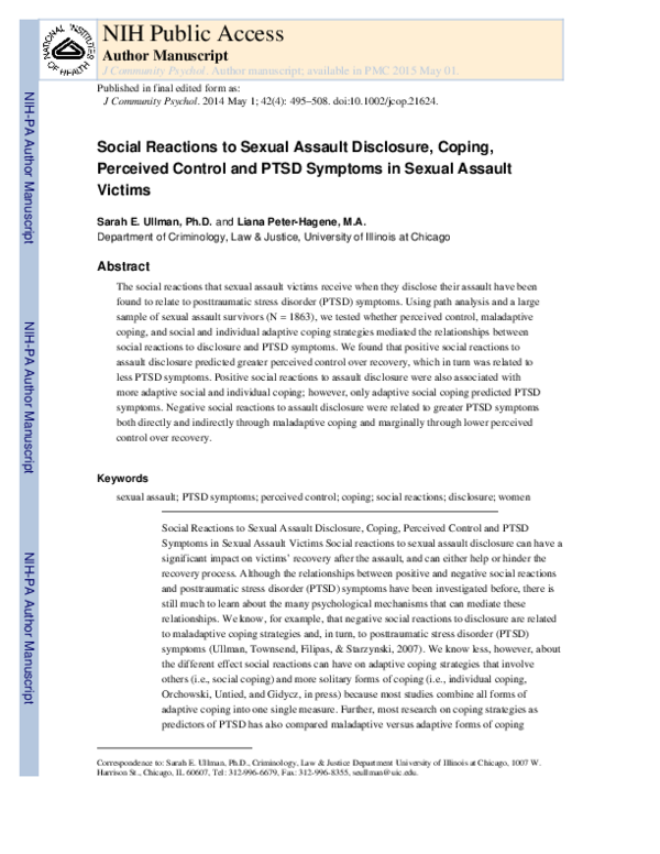 Pdf Social Reactions To Sexual Assault Disclosure Coping Perceived 8367