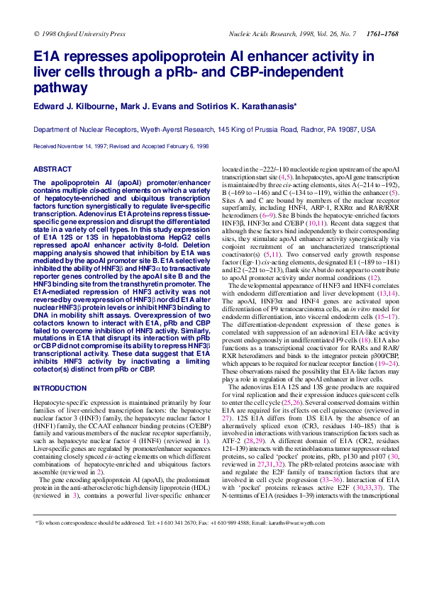 (PDF) E1A represses apolipoprotein AI enhancer activity in liver cells ...
