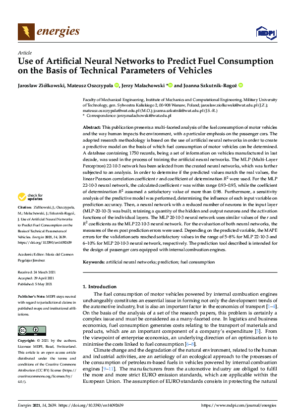 (PDF) Use of Artificial Neural Networks to Predict Fuel Consumption on the Basis of Technical ...
