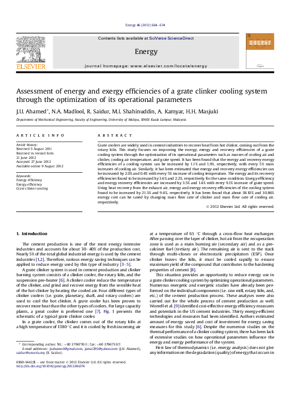 (PDF) Assessment of energy and exergy efficiencies of a grate clinker cooling system through the ...