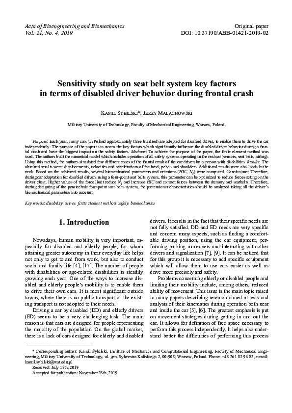 (PDF) Sensitivity study on seat belt system key factors in terms of ...