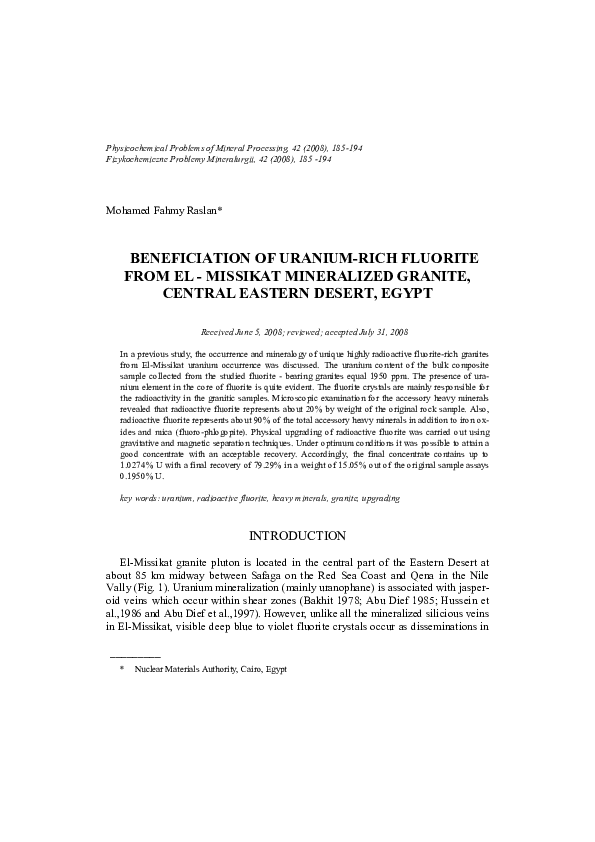 (PDF) Beneficiation of uranium-rich fluorite from El-Missikat ...