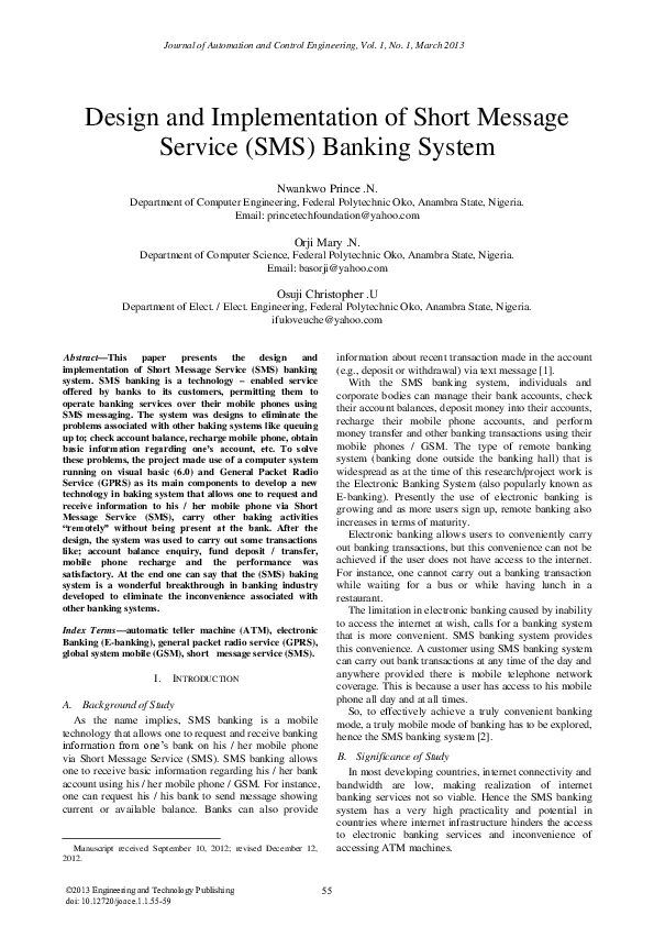 (PDF) Design and Implementation of Short Message Service (SMS) Banking System