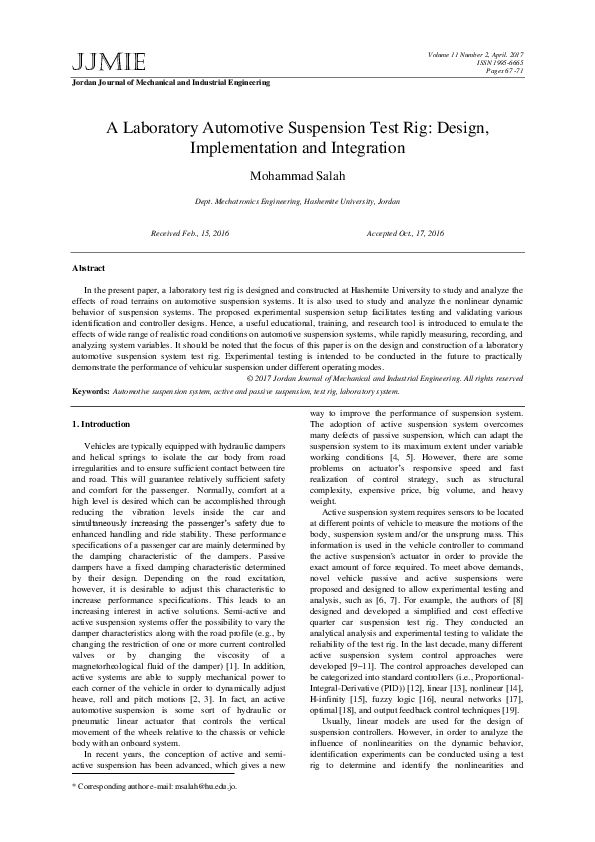 (PDF) A Laboratory Automotive Suspension Test Rig: Design ...