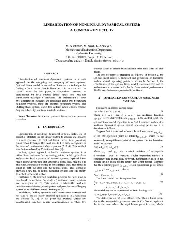 (PDF) Linearization of Nonlinear Dynamical Systems: A Comparative Study