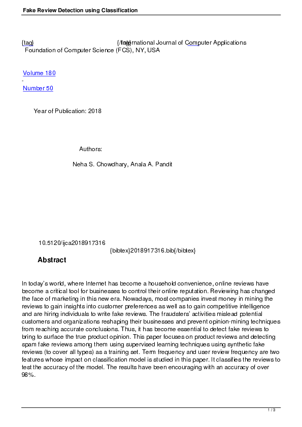 Pdf Fake Review Detection Using Classification