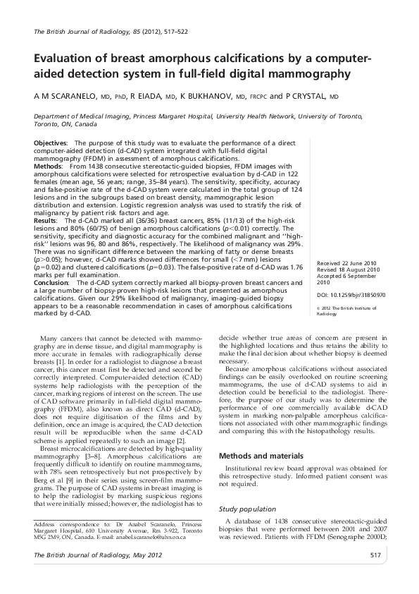 (PDF) Evaluation of breast amorphous calcifications by a computer-aided detection system in full ...