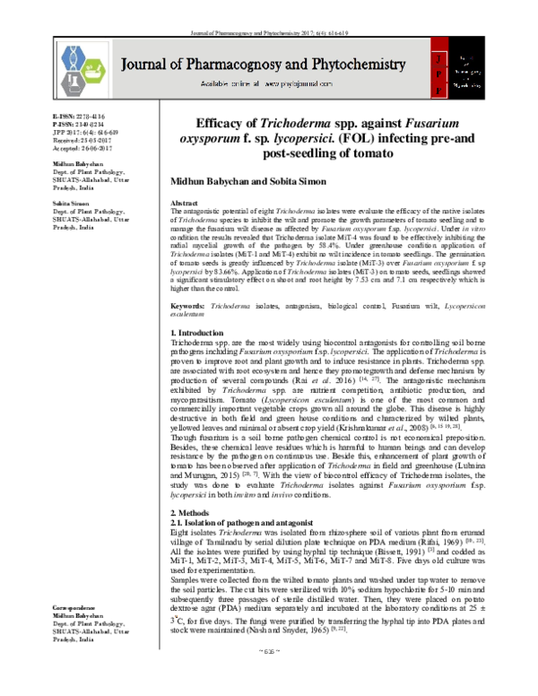 (PDF) Efficacy of Trichoderma spp. against Fusarium oxysporum f. sp ...