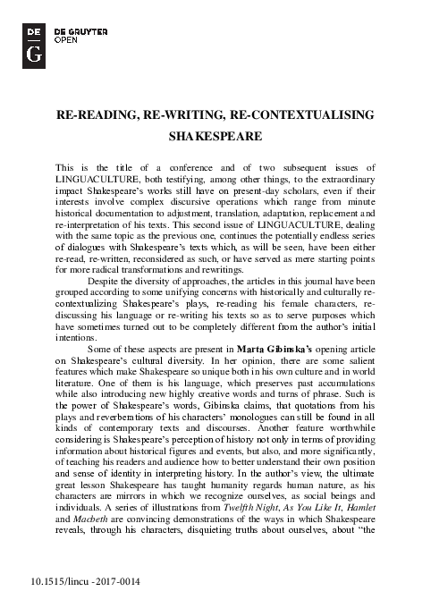 (PDF) Re-Reading, Re-Writing, Re-Contextualising Shakespeare