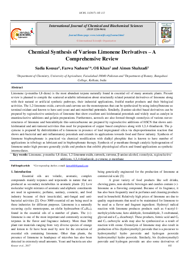(PDF) Chemical Synthesis of Various Limonene Derivatives – A ...