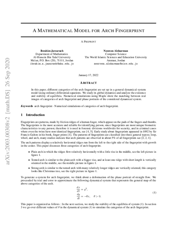 (PDF) A Mathematical Model for Arch Fingerprint