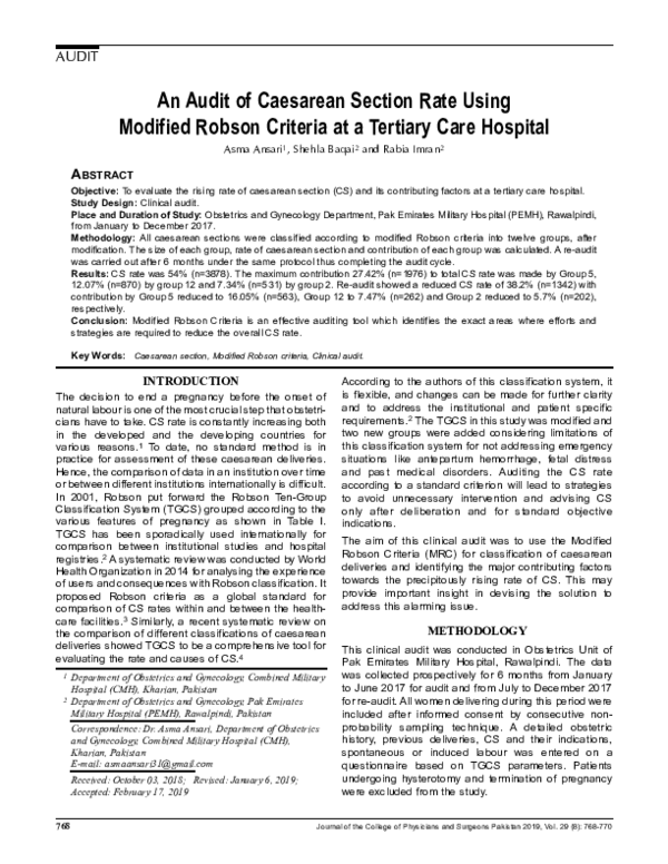 (PDF) AUDIT An Audit of Caesarean Section Rate Using Modified Robson ...