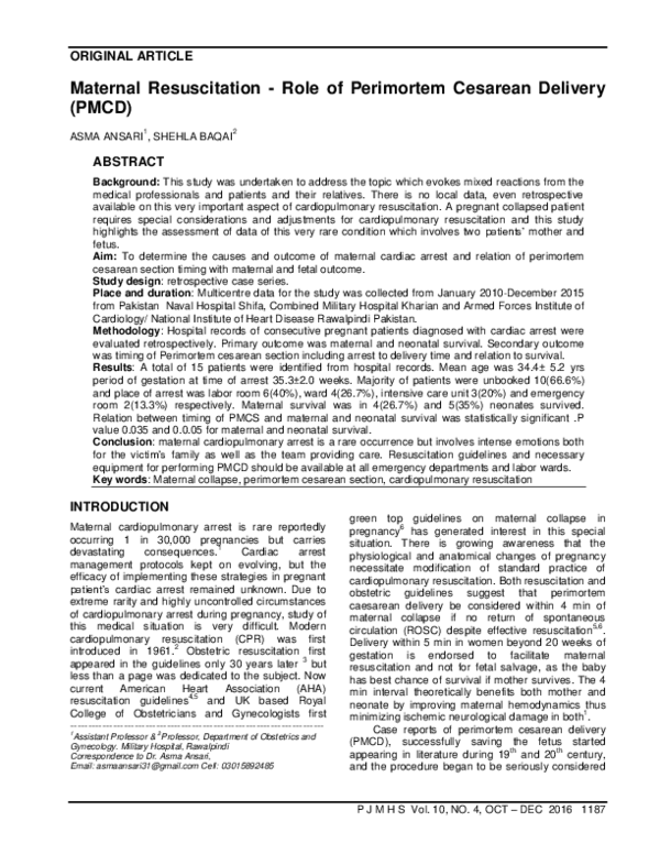 (PDF) Maternal Resuscitation-Role of Perimortem Cesarean Delivery ( PMCD )