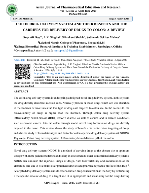 (PDF) Colon Drug Delivery System and Their Benefits and the Carriers ...