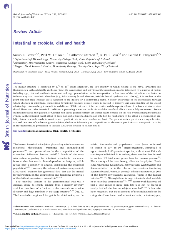 (PDF) Intestinal microbiota, diet and health