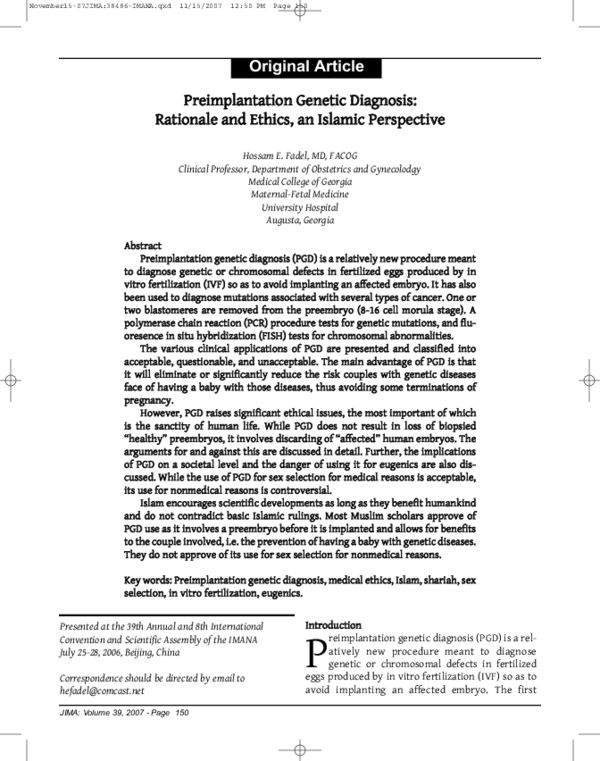 (PDF) Preimplantation Genetic Diagnosis: Rationale and Ethics, an ...