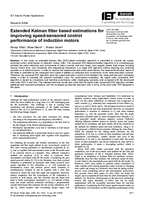 Pdf Extended Kalman Filter Based Estimations For Improving Speed‐sensored Control Performance