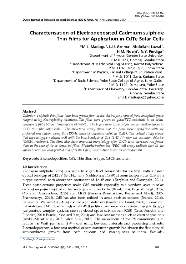 Pdf Characterisation Of Electrodeposited Cadmium Sulphide Thin Films For Application In Cdte