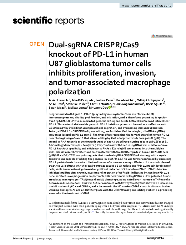 (PDF) Dual-sgRNA CRISPR/Cas9 knockout of PD-L1 in human U87 ...