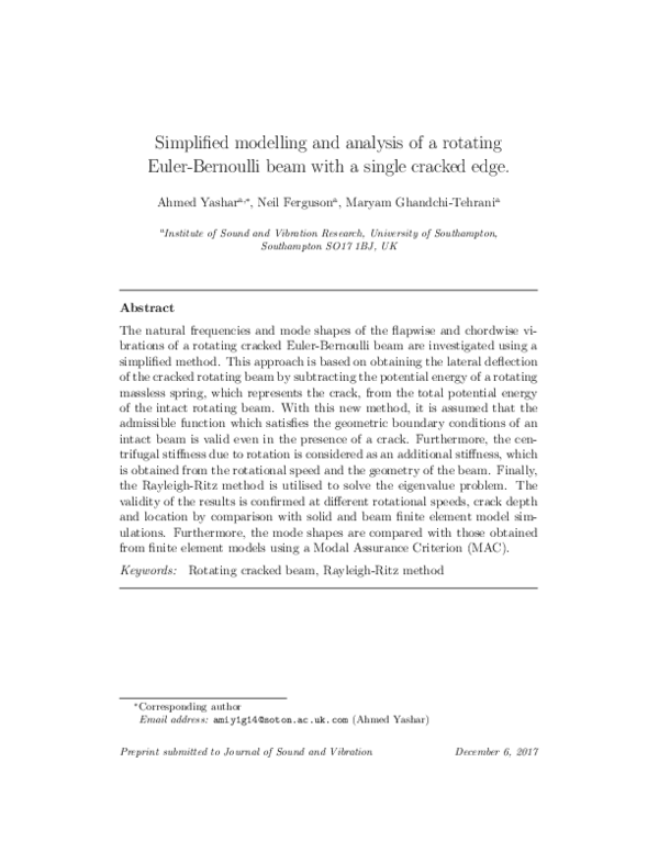 (PDF) Simplified modelling and analysis of a rotating Euler-Bernoulli beam with a single cracked ...