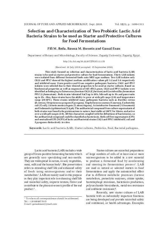 (PDF) Selection and Characterization of Two Probiotic Lactic Acid Bacteria Strains to be used as ...
