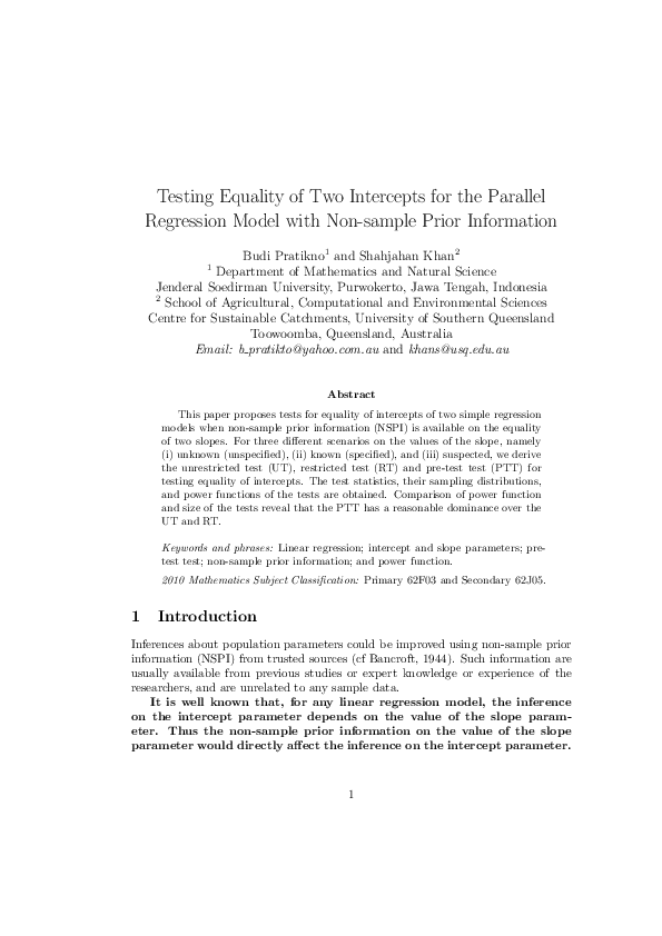 (PDF) Testing Equality of Two Intercepts for the Parallel Regression ...
