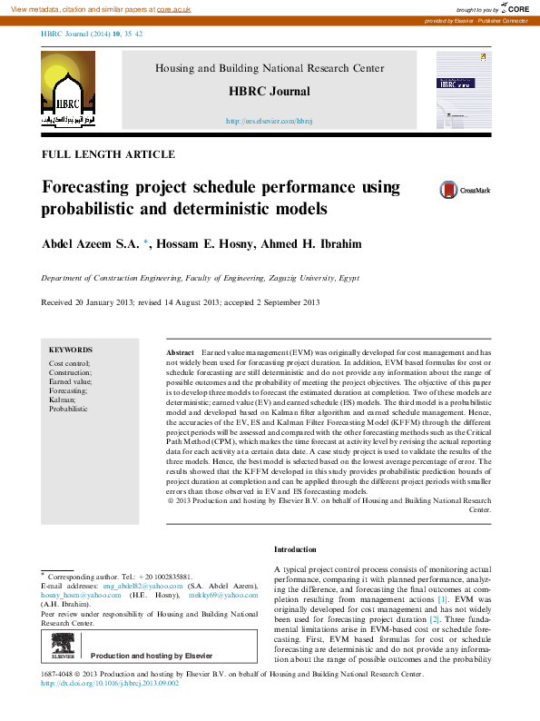 (PDF) Forecasting project schedule performance using probabilistic and ...