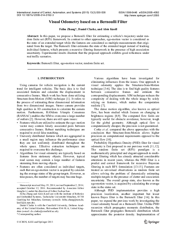 (PDF) Visual odometry based on a Bernoulli filter