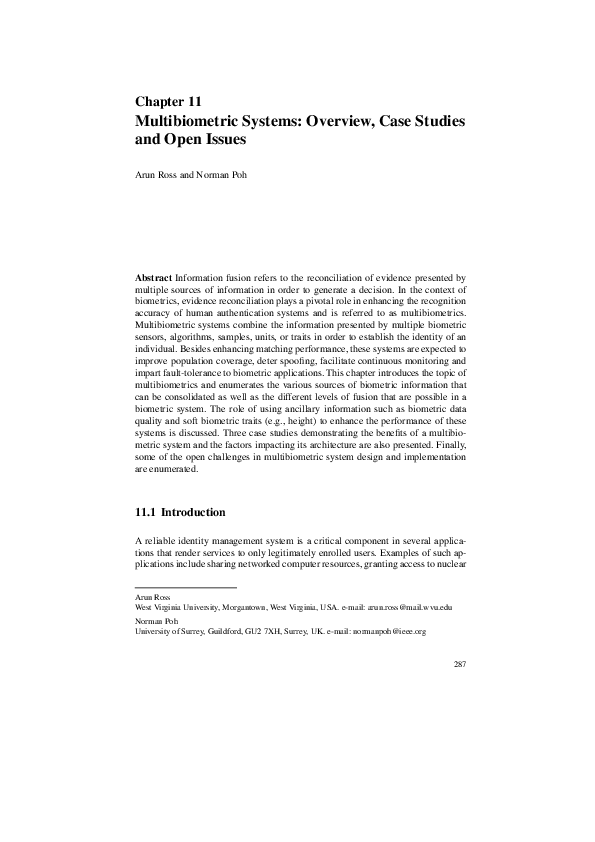 (PDF) Multibiometric Systems: Overview, Case Studies, and Open Issues