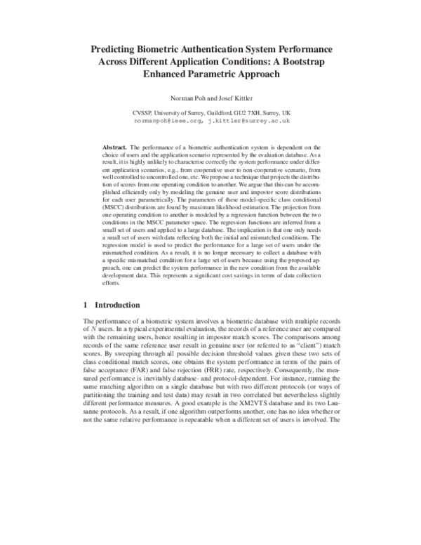 Pdf Predicting Biometric Authentication System Performance Across