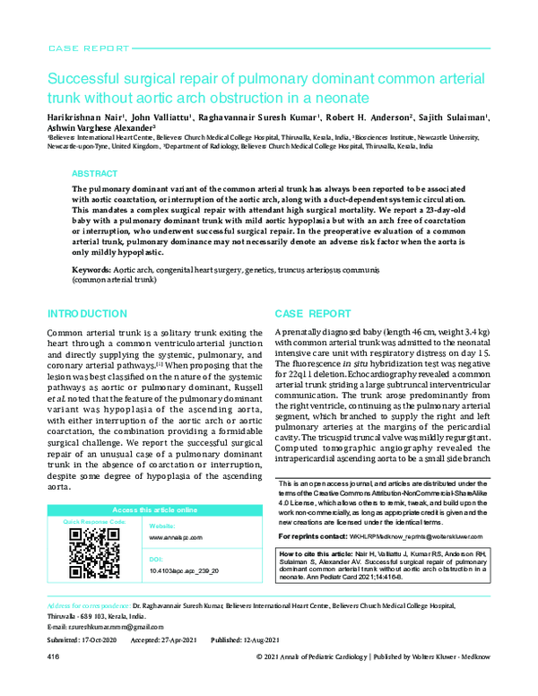 (PDF) Successful surgical repair of pulmonary dominant common arterial ...