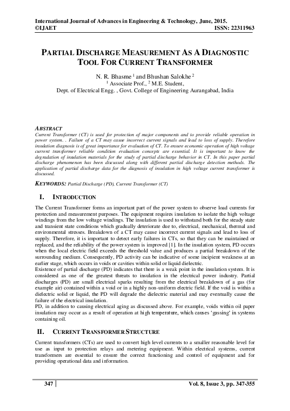 (PDF) Partial Discharge Measurement as a Diagnostic Tool for Current ...