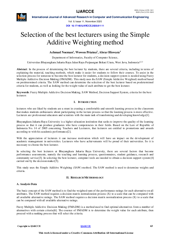 (PDF) Selection of the best lecturers using the Simple Additive ...
