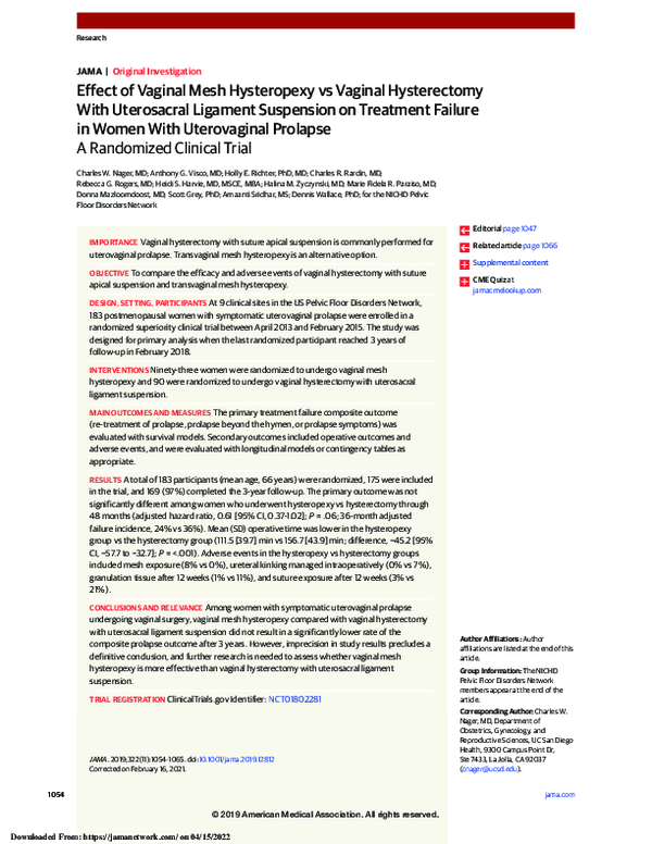 (PDF) Effect of Vaginal Mesh Hysteropexy vs Vaginal Hysterectomy With ...