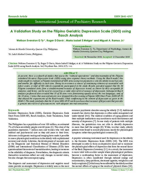 (PDF) A Validation Study on the Filipino Geriatric Depression Scale ...
