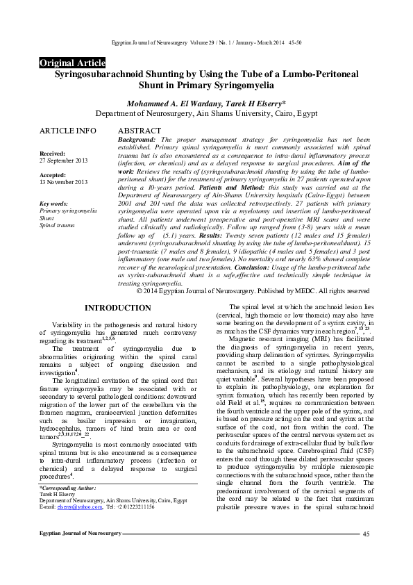 (PDF) Syringosubarachnoid Shunting by Using the Tube of a Lumbo ...