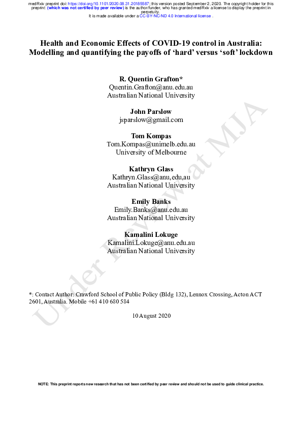 Health and Economic Effects of COVID-19 control in Australia: Modelling ...