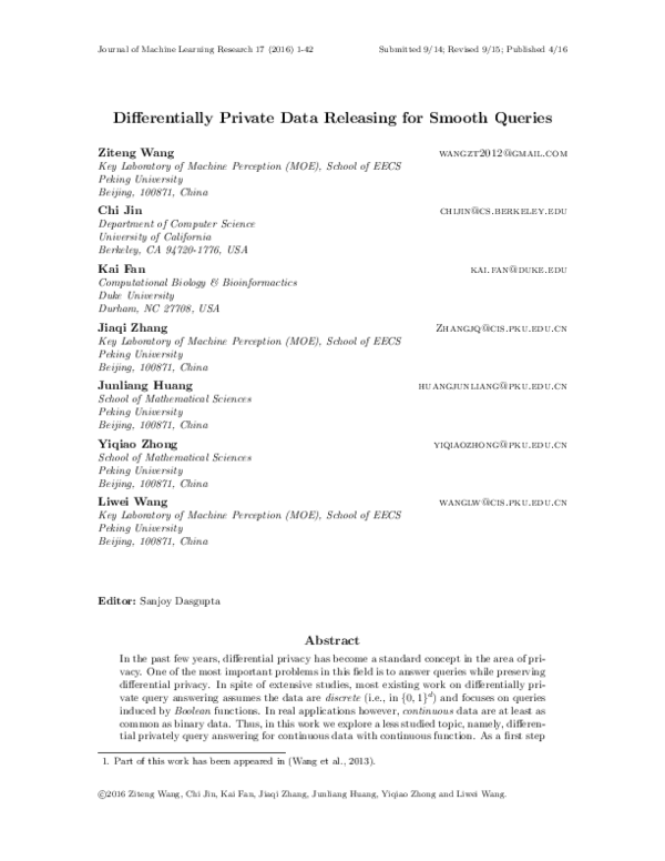 (PDF) Differentially Private Data Releasing for Smooth Queries | Ziteng Wang - Academia.edu
