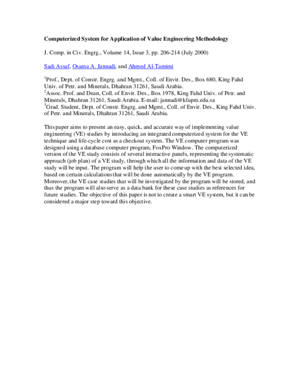 (PDF) Computerized System for Application of Value Engineering Methodology