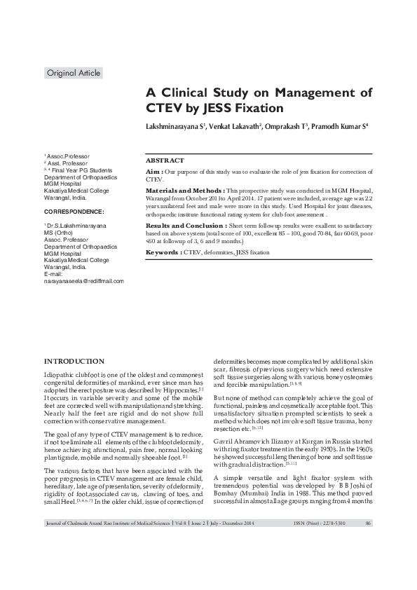 (PDF) A Clinical Study on Management of CTEV by JESS Fixation
