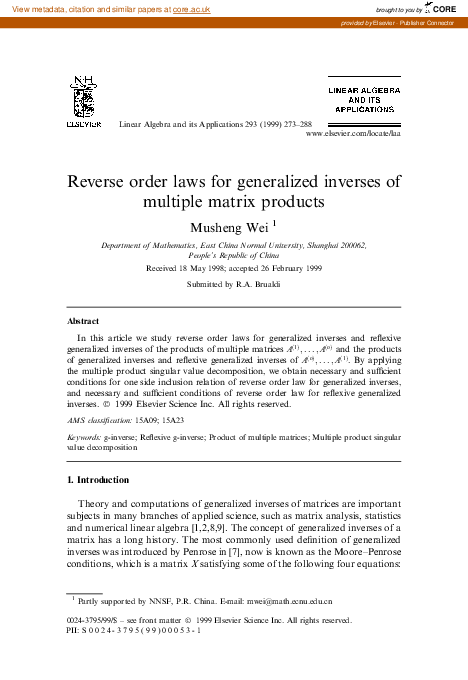 (PDF) Reverse order laws for generalized inverses of multiple matrix ...