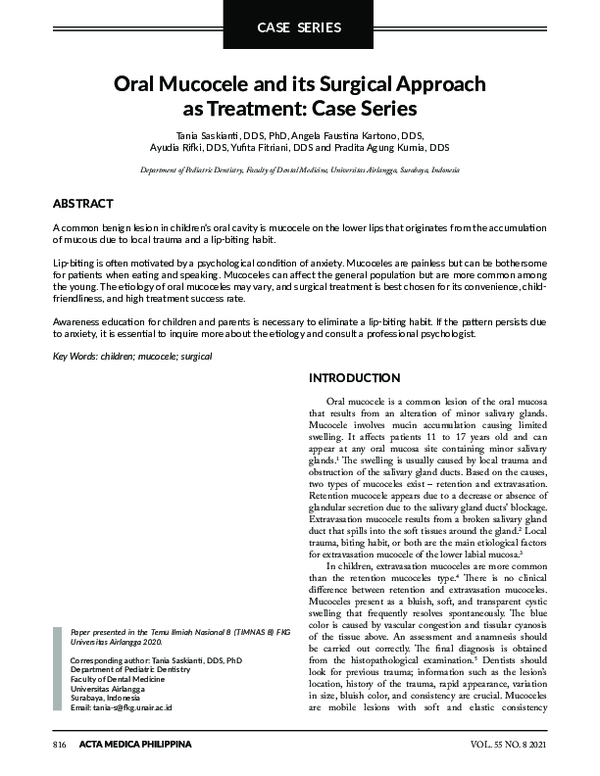 (PDF) Oral Mucocele and its Surgical Approach as Treatment: Case Series