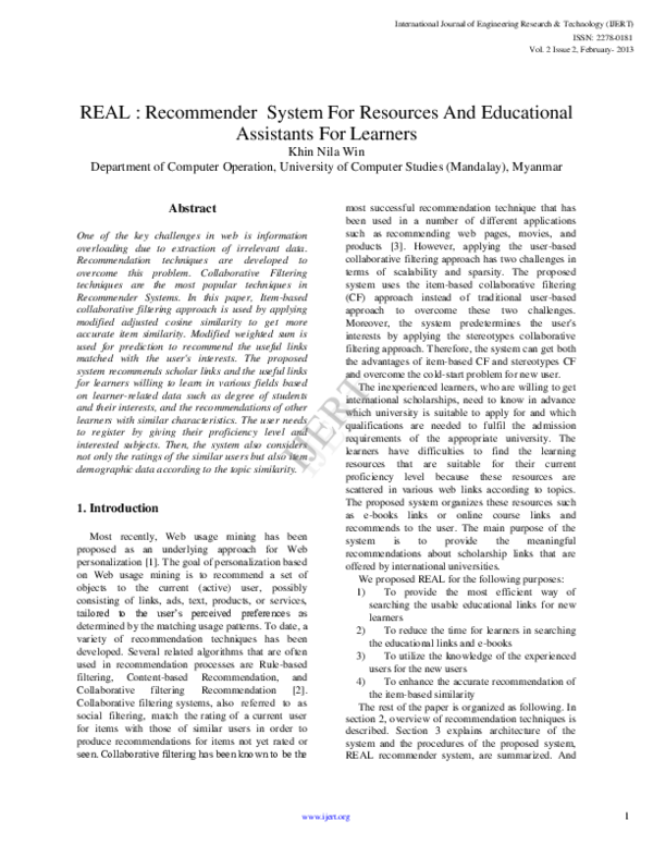 (PDF) REAL : Recommender System For Resources And Educational Assistants For Learners